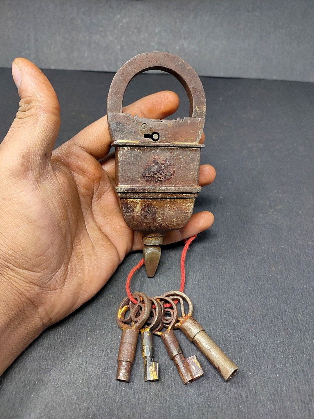 Antique Look Iron 4 Key Tricky Lock Hidden Key Hole Puzzle Padlock Hand ...