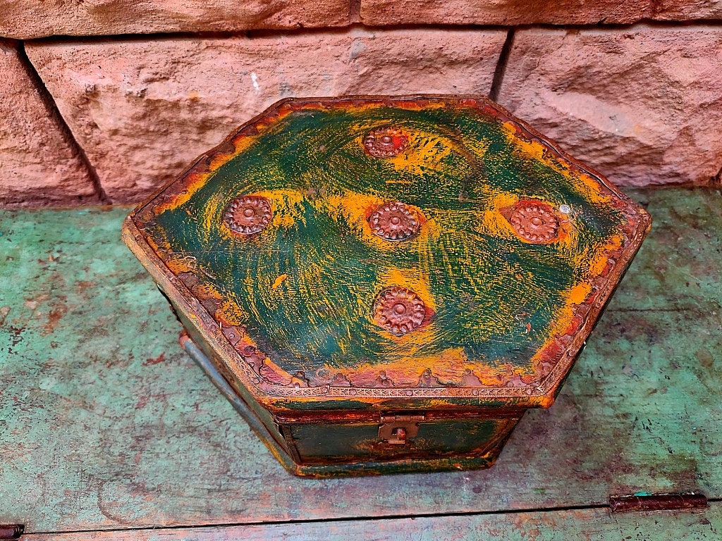Antique Wooden Storage Box Old Artistic Hand Painted Box Brass Floral ...