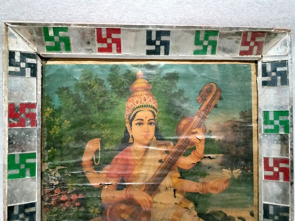 Antique Indian Goddess Saraswati Mata Print Old Unique Wooden Frame ...