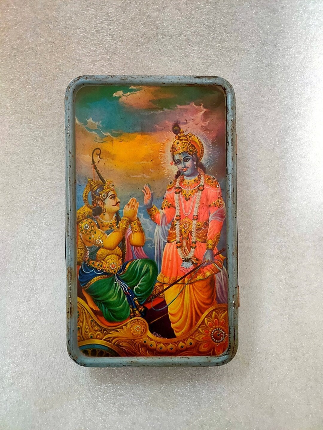 Antique Iron Tin Box Old Original Hindu God Krishna and Arjun Litho ...