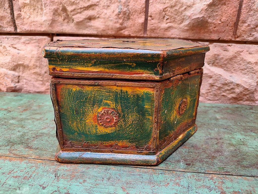 Antique Wooden Storage Box Old Artistic Hand Painted Box Brass Floral ...