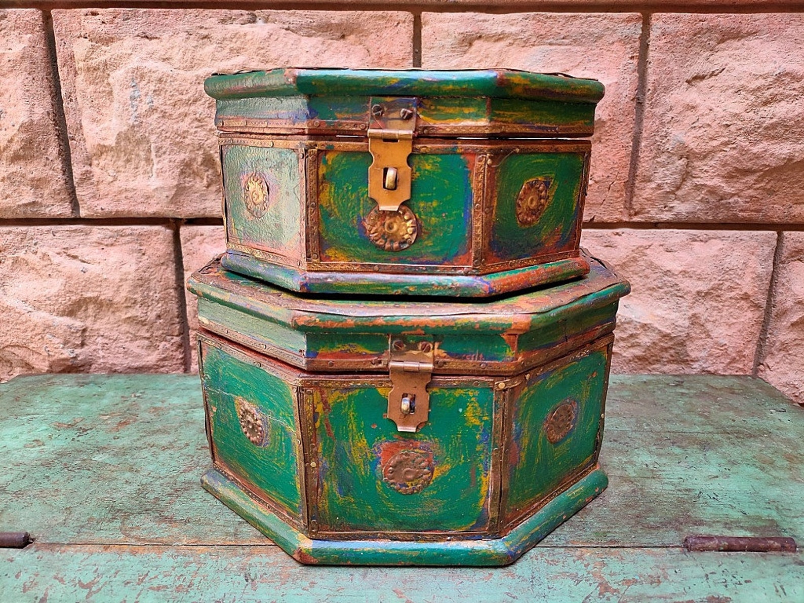 Vintage Wooden Storage Box Old Artistic Hand Painted Box Brass - Etsy