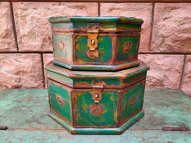 Vintage Wooden Storage Box Old Artistic Hand Painted Box Brass - Etsy