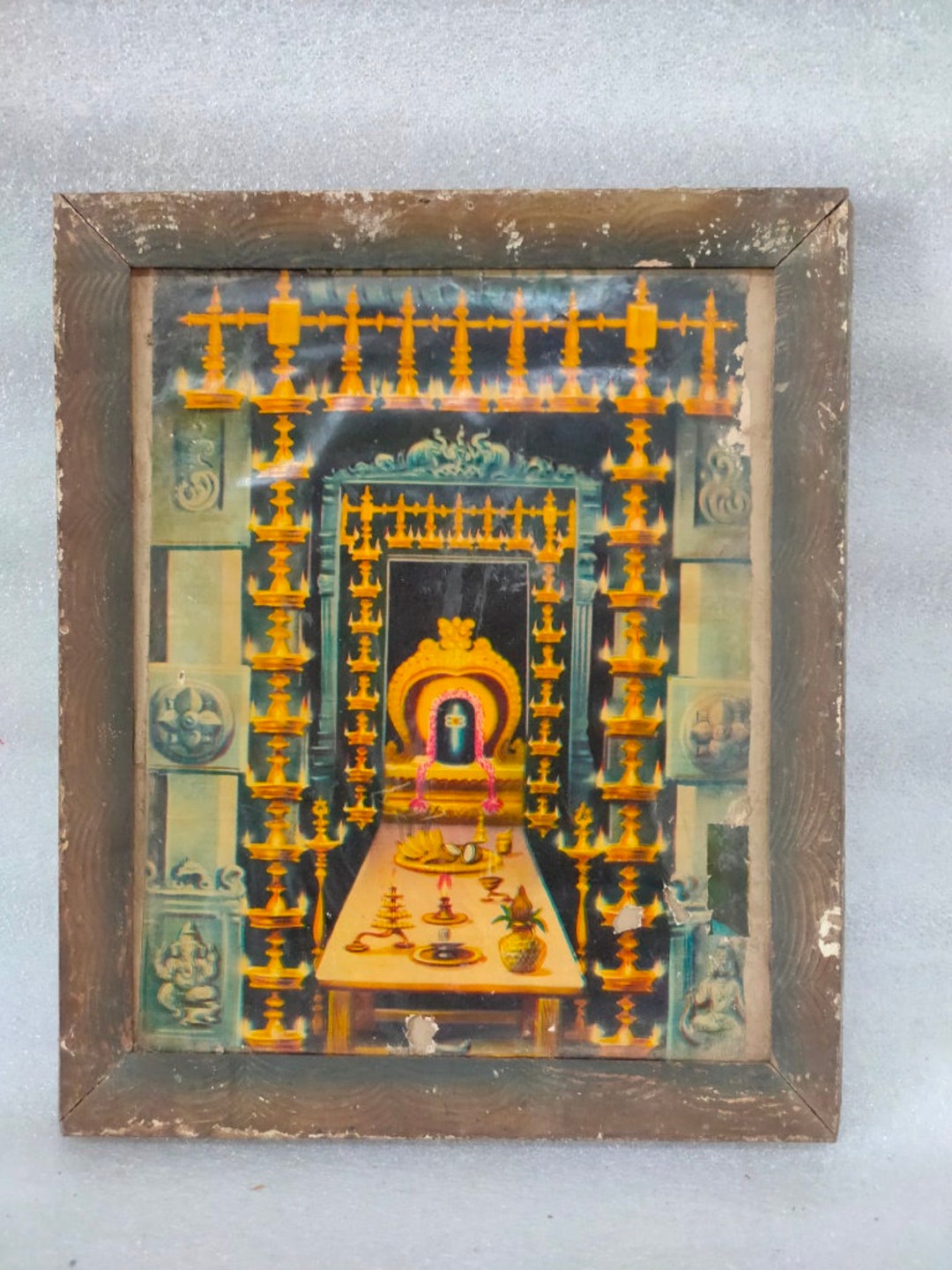 Vintage Hindu Worship God Shiva Lingam Linga Print Old Wooden Frame ...