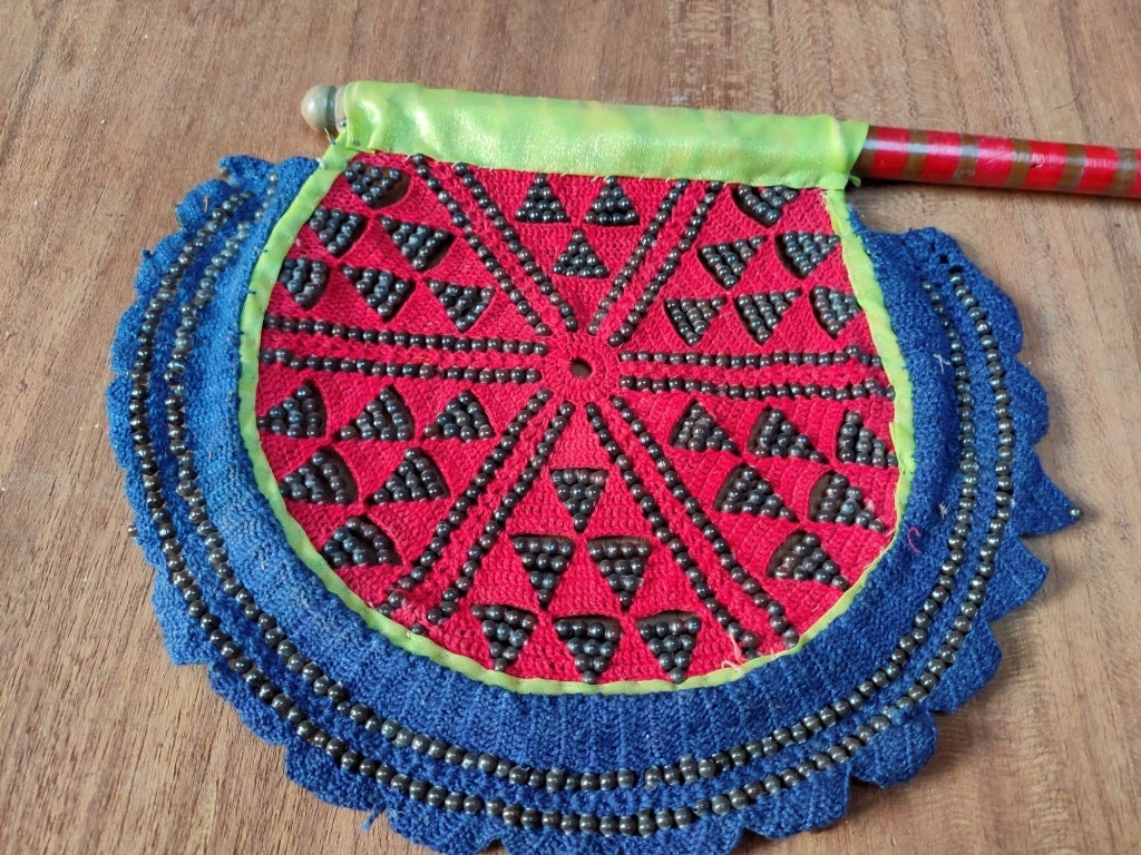 Vintage Beads Work Hand Fan Old Unique Thread Work Hand Hold Fan Ethnic ...