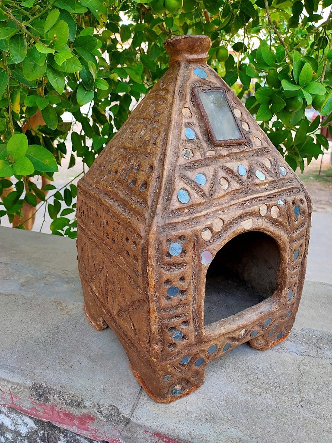 Antique Paper Pulp Box Hand Made Hut Shape Bird Cage Old Mirror Work ...