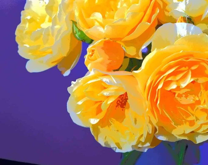 Bright Yellow English Rose Print, Impressionist Floral Wall Art, Golden ...