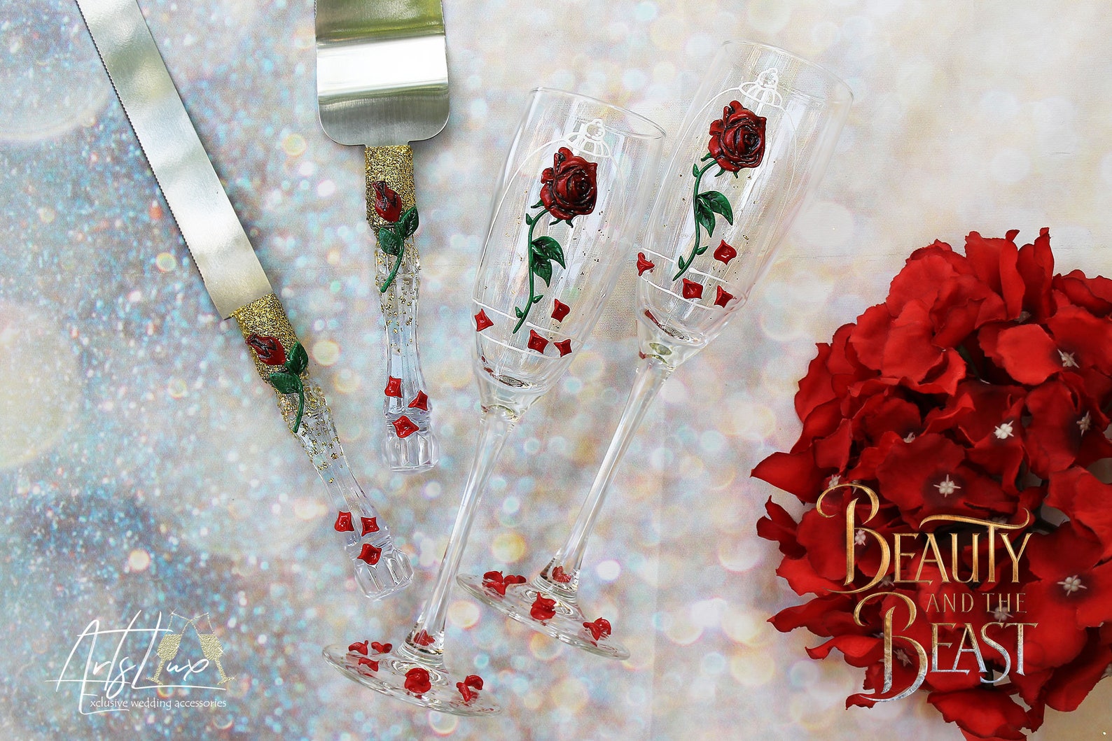 Beauty and the Beast Enchanted Rose Wedding Set - Red Roses Champagne ...