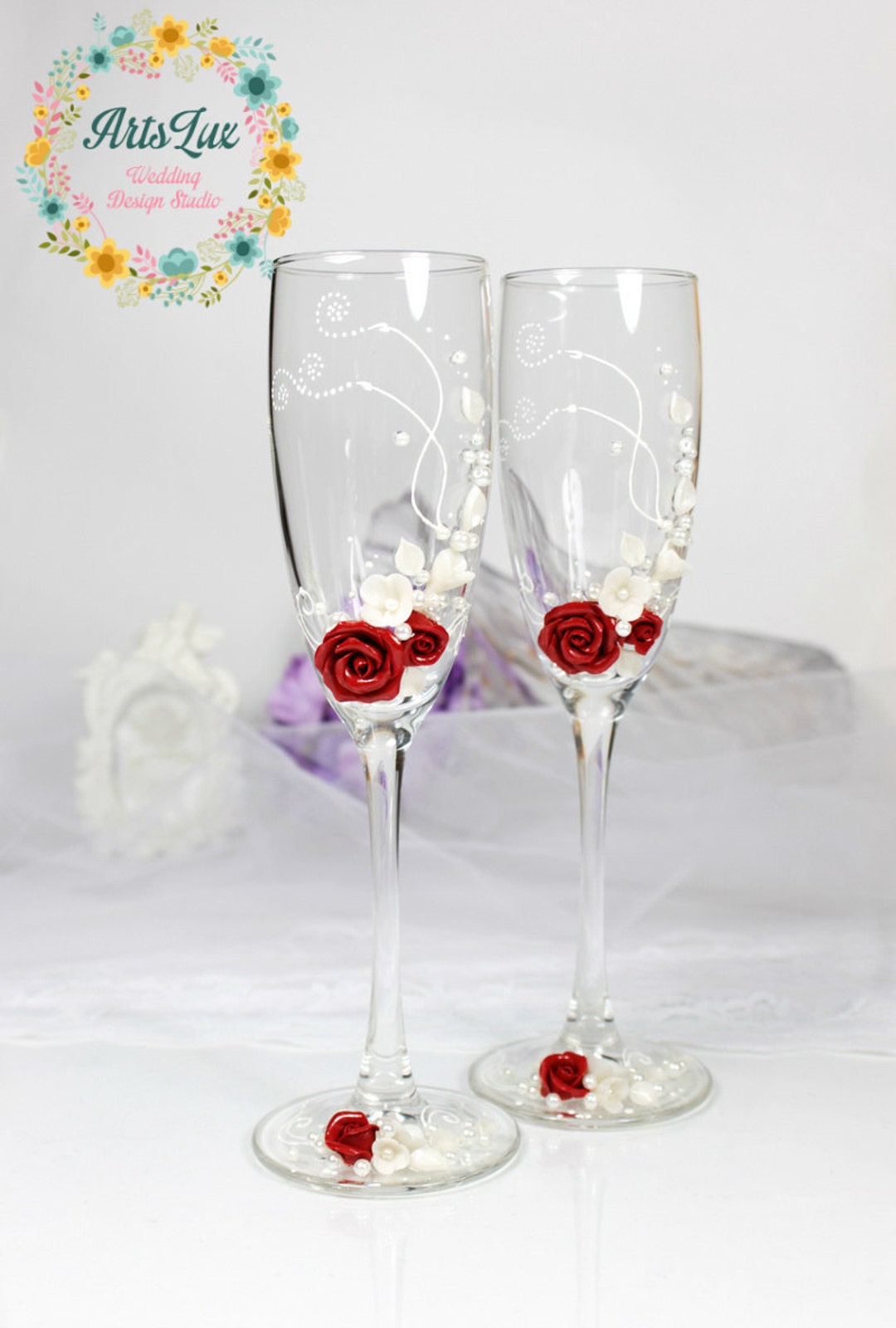 Floral Wedding Champagne Flutes: Red Rose Toasting Glasses (set of 2 ...