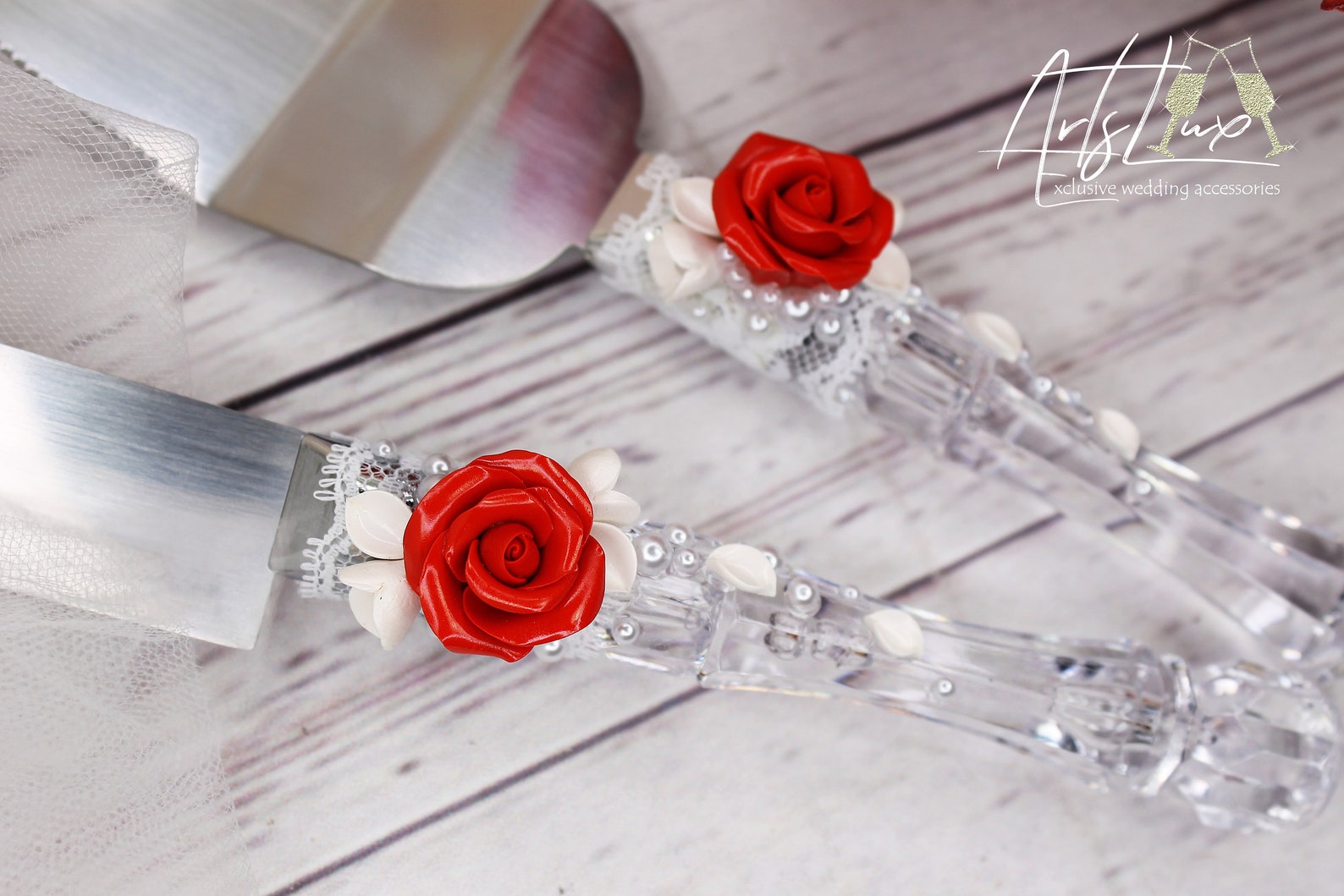 Ivory&deep Red Wedding Cake Knife Set-roses Wedding Cake - Etsy