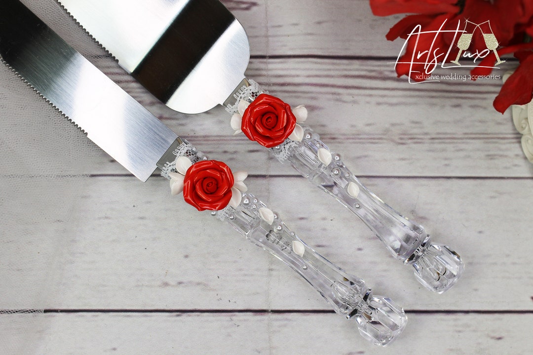 Ivory&deep Red Wedding Cake Knife Set-roses Wedding Cake Server and ...