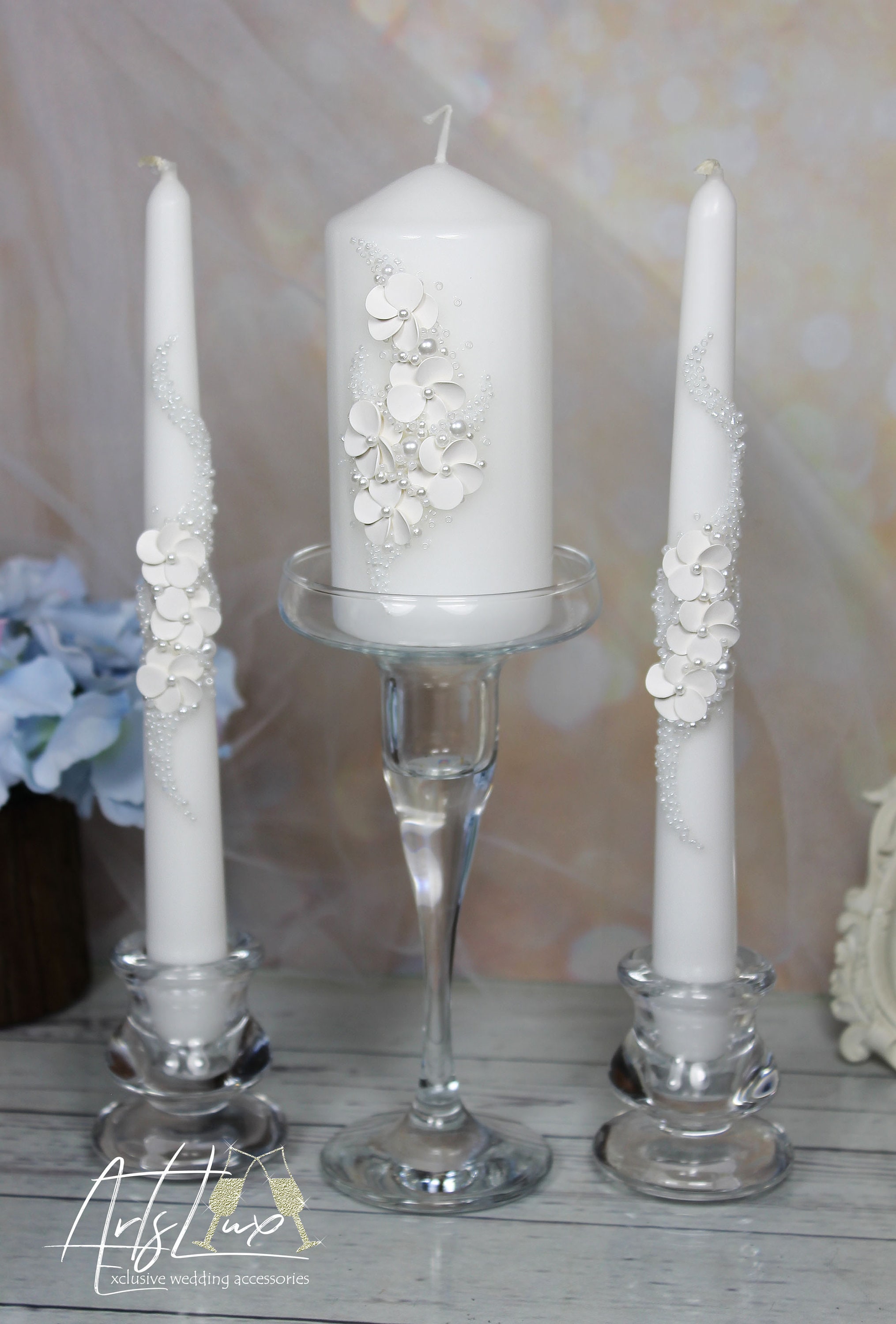 Wedding Unity Candles Set With White Flowers-pearls Wedding | Etsy
