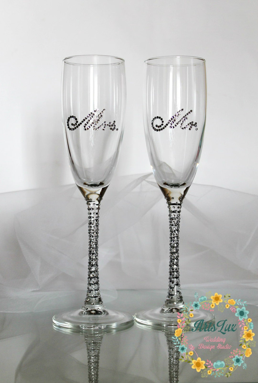 Personalized Rhinestone Wedding Champagne Flutes: Bride and Groom ...