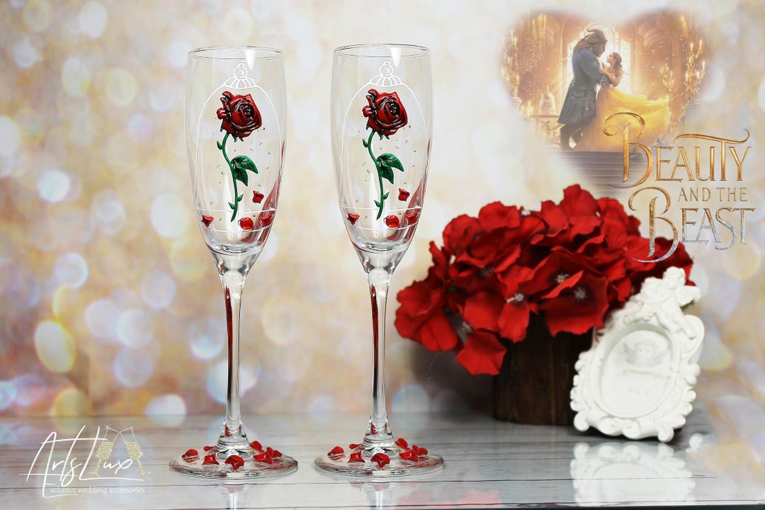 Beauty and the Beast Enchanted Rose Wedding Toast Flute wedding Champagne Glasses magic of the Roses red Roses Toasting Flutes wedding Gift Etsy