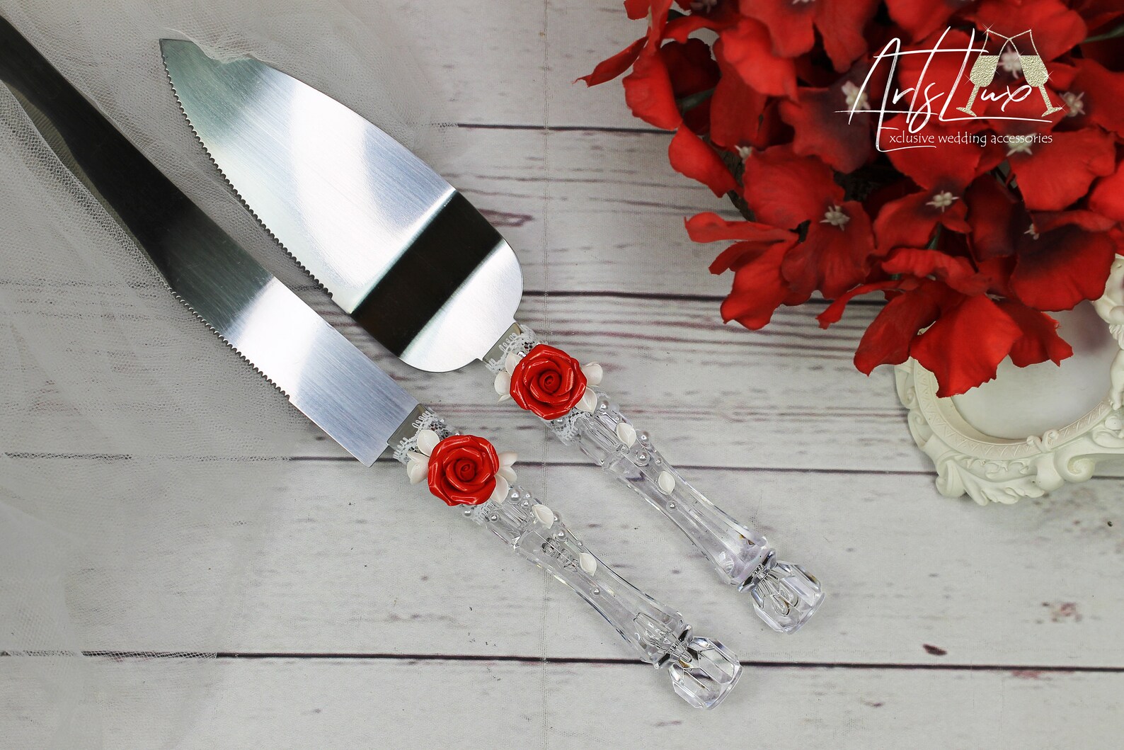 Ivory&deep Red Wedding Cake Knife Set-roses Wedding Cake - Etsy