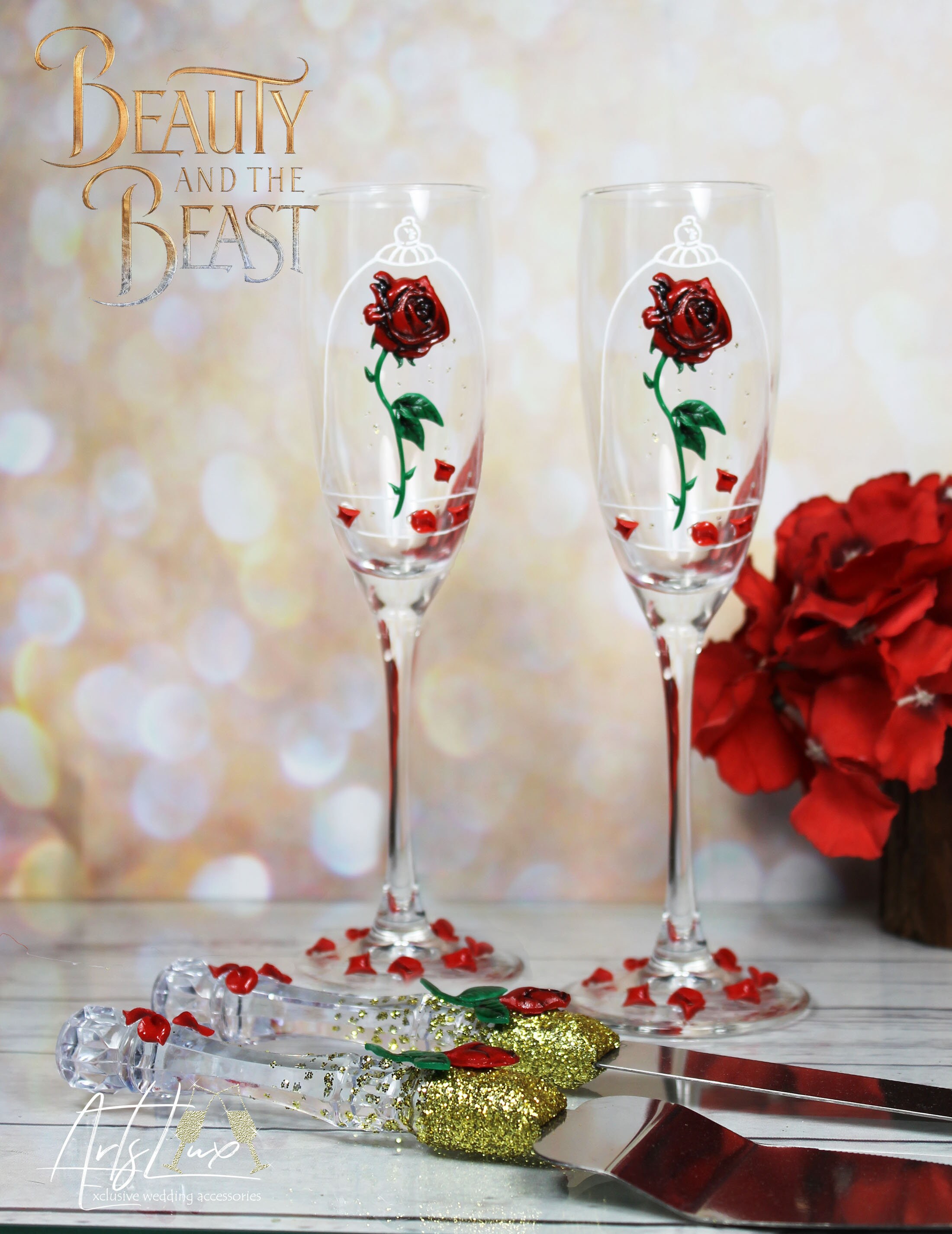 Beauty and the Beast Enchanted Rose Wedding Set - Red Roses Champagne ...