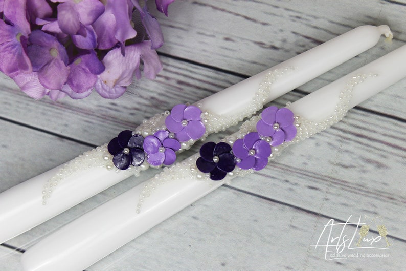 Wedding Unity Candles Set With Purple Flowers-ivory Pearls - Etsy