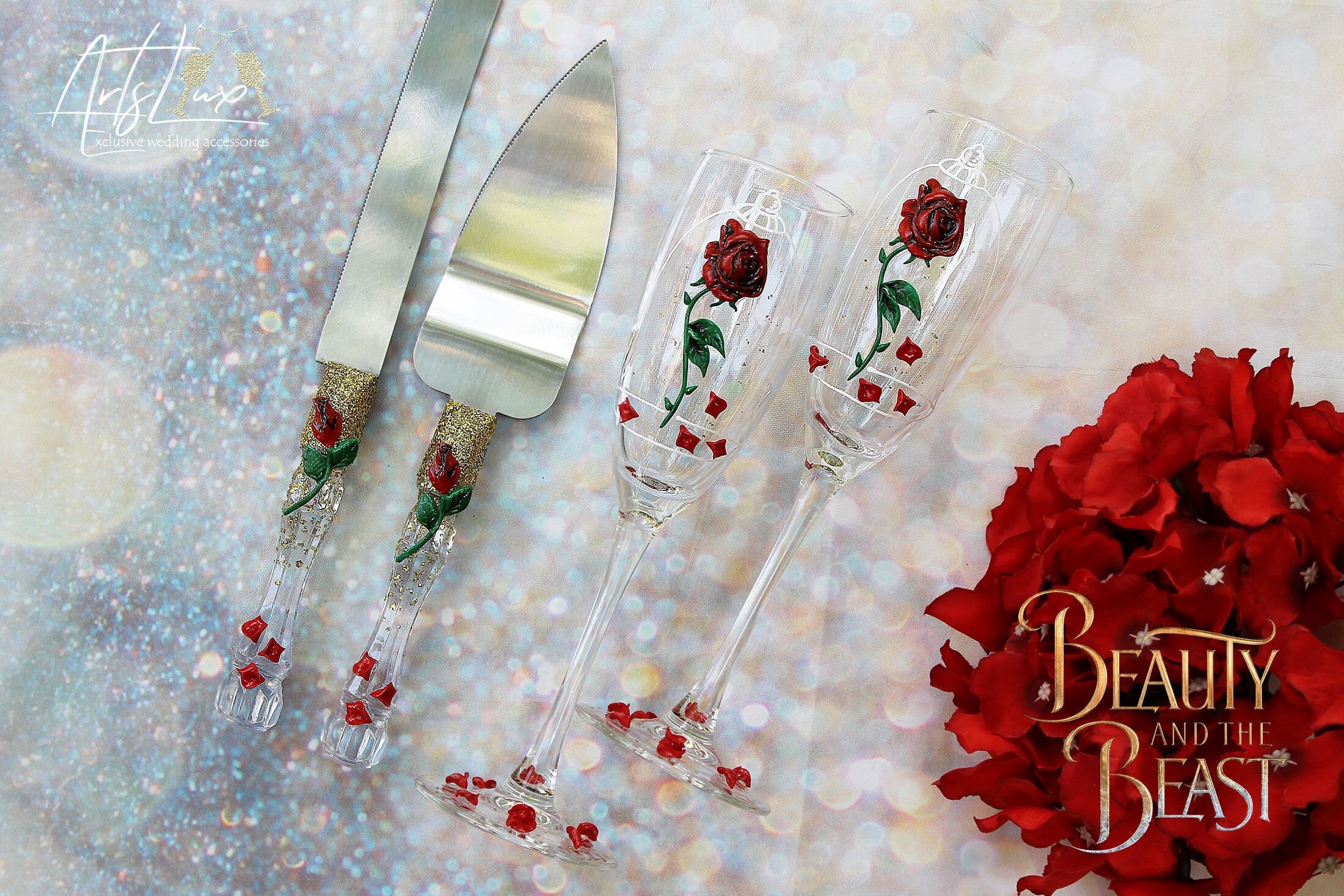 Beauty and the Beast Enchanted Rose Wedding Set - Red Roses Champagne ...