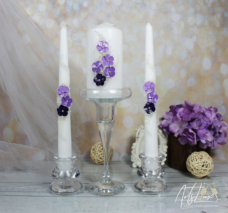 Wedding Unity Candles Set With Purple Flowers-ivory Pearls - Etsy