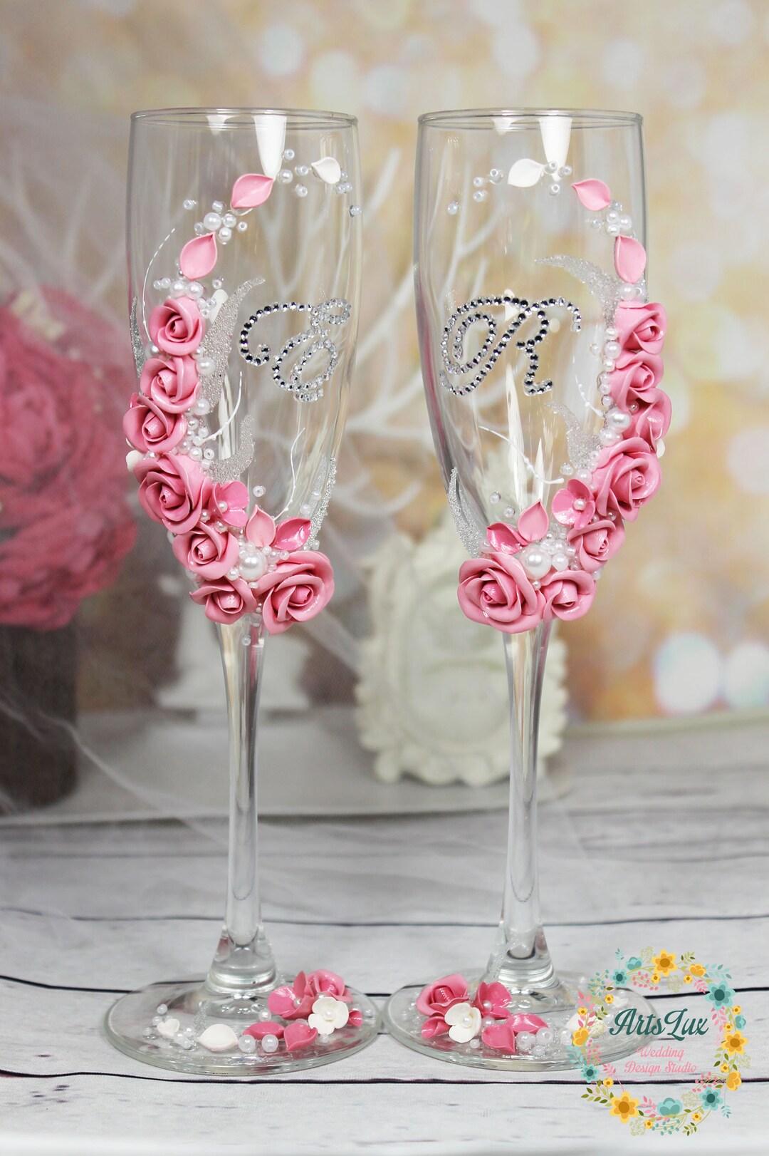 Pink Roses Wedding Champagne Flutes: Personalized Rhinestone Toasting ...