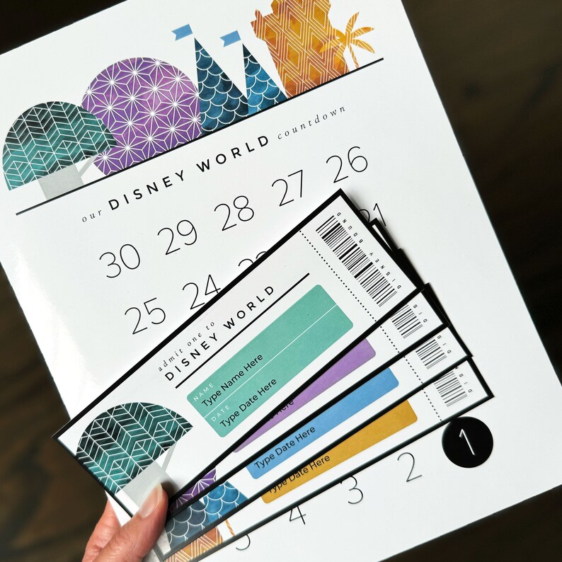 Florida Theme Park Modern Countdown Calendar and Editable Tickets - Etsy