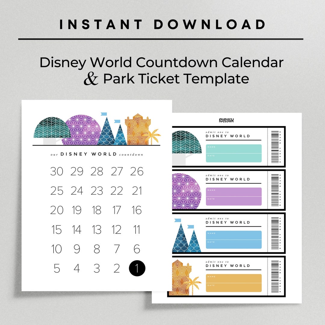 Florida Theme Park Modern Countdown Calendar and Editable Tickets - Etsy