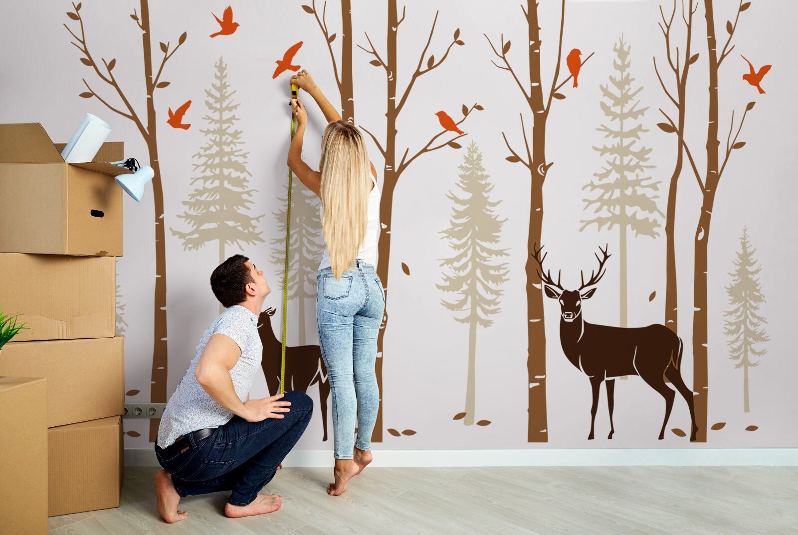 Birch Trees Pine Trees with Deer Wall decal Fir Tree Forest | Etsy