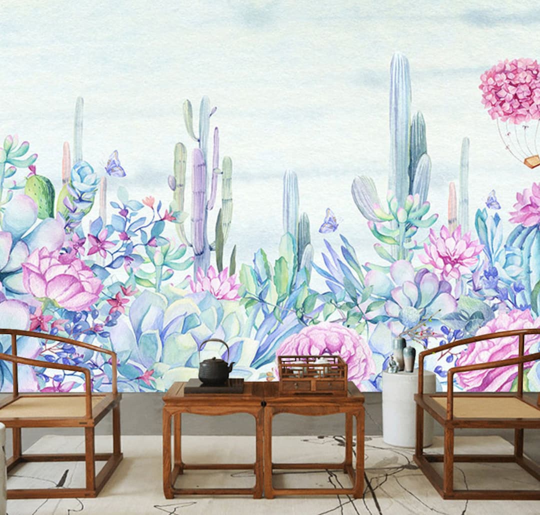 Watercolor Wall Mural, Cactus Flowers Tropical Watercolor Murals, Peel ...