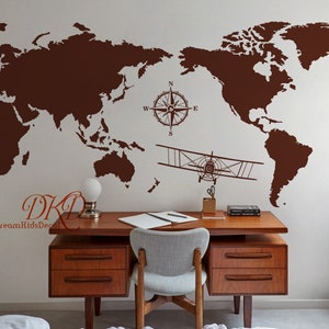 Large World Map Decal, Compass Wall Decal, Airplane Wall Decal-world ...