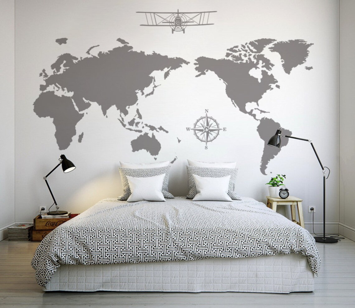 Large World Map Decal Compass Wall Decal Airplane Wall - Etsy