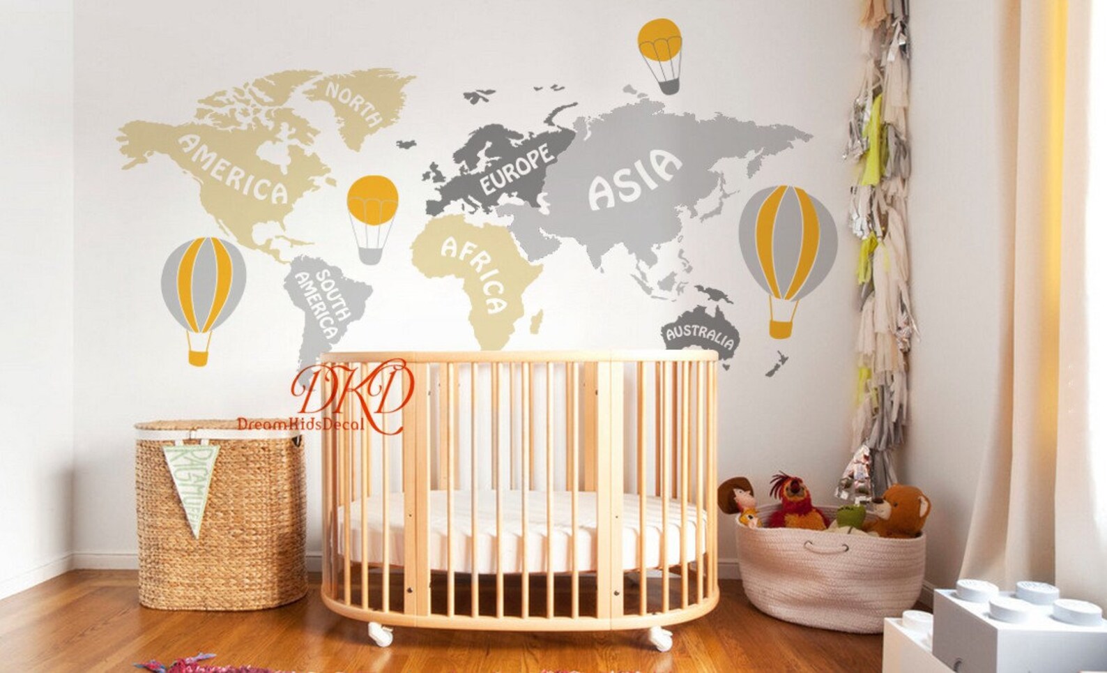 World Map With Hot Air Balloon Nursery World Map Decal for - Etsy