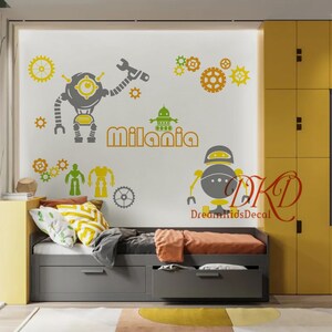 Robot Wall Decal, Gears Nursery Decor, Kids Playroom Name Vinyl Sticker ...