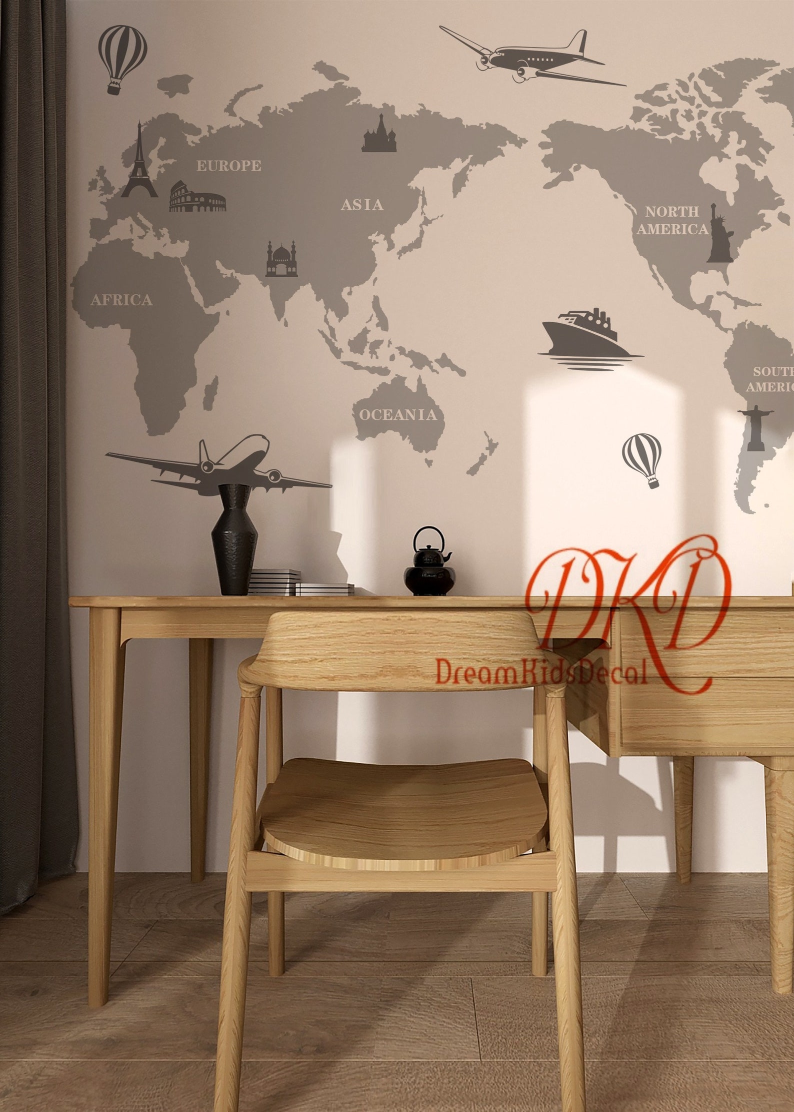 World Map With Hot Air Balloon Nursery World Map Decal for - Etsy