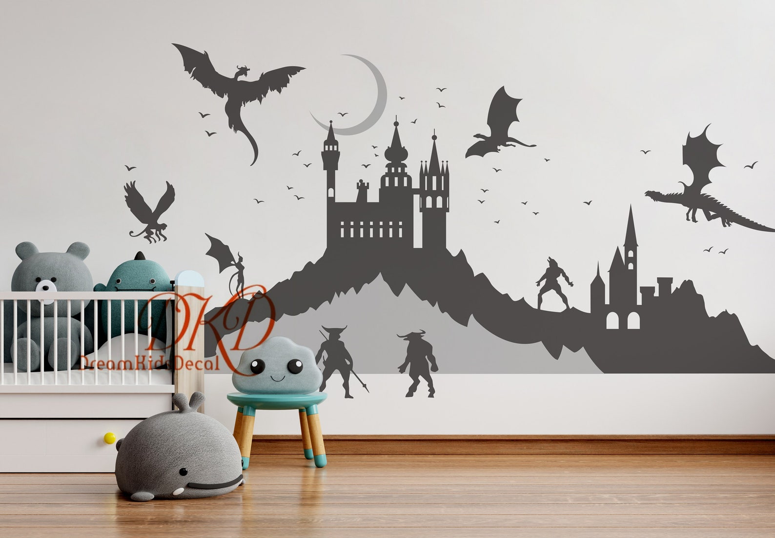 Fantasy Wall Castle Decal, Moon, Castle and Flying Dragon Landscape ...