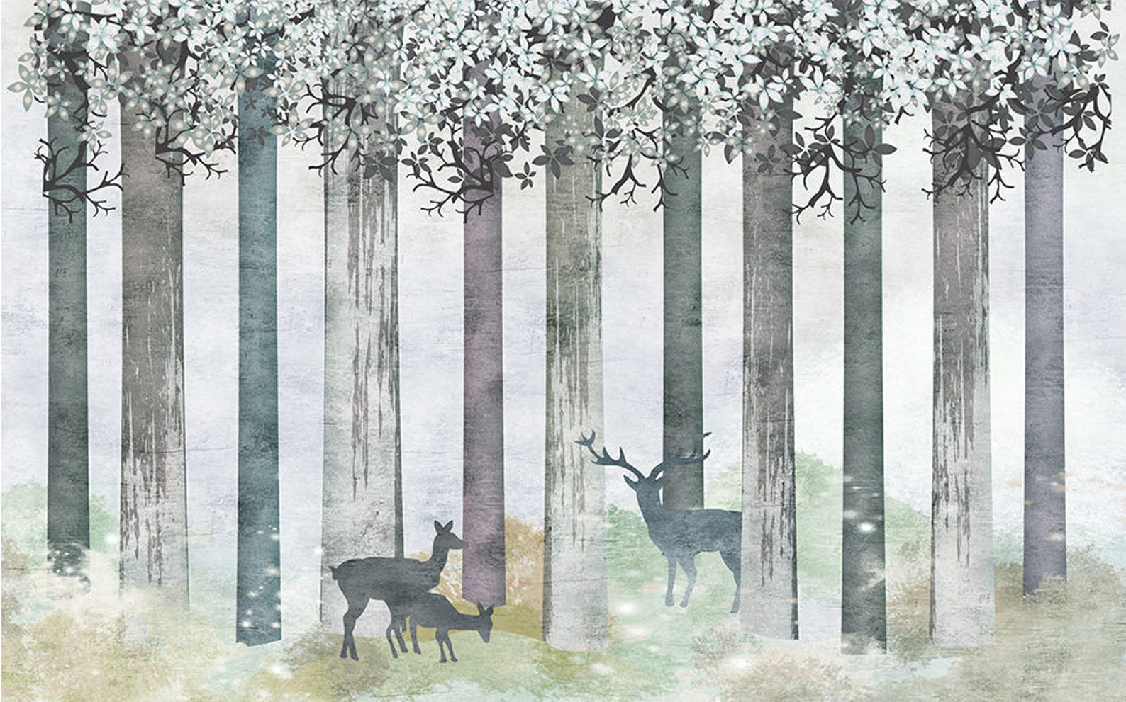 Wall Coverings Grey Tree on Watercolor Cherry Blossoms | Etsy