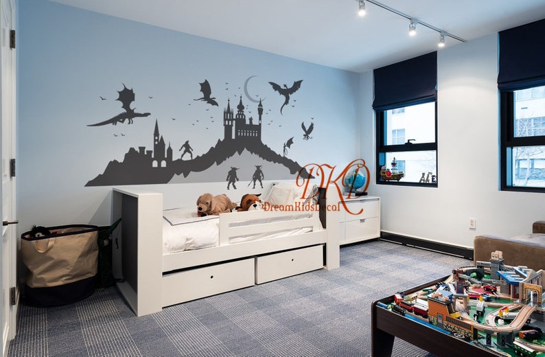 Fantasy Wall Castle Decal, Moon, Castle and Flying Dragon Landscape ...