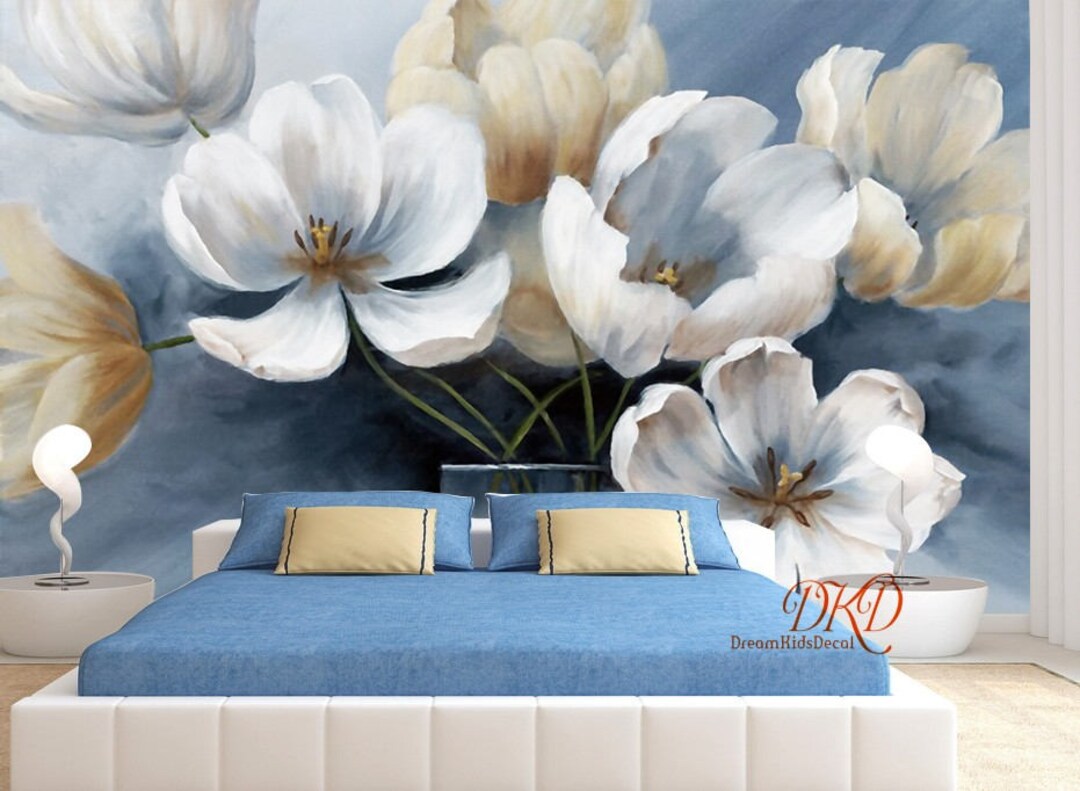 Large Flower Wall Murals, Wallpaper, White Flower on Blue Wall, Oil ...