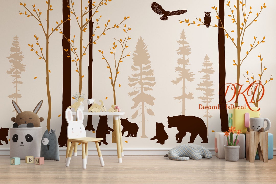 Woodland Forest Pine Trees Wall Decal for Baby Nursery, Owl Bear and ...