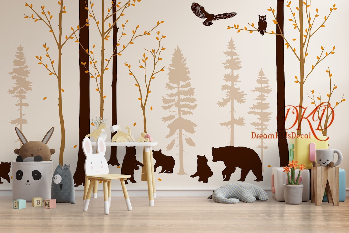 Woodland Forest Pine Trees Wall Decal for Baby Nursery Owl - Etsy