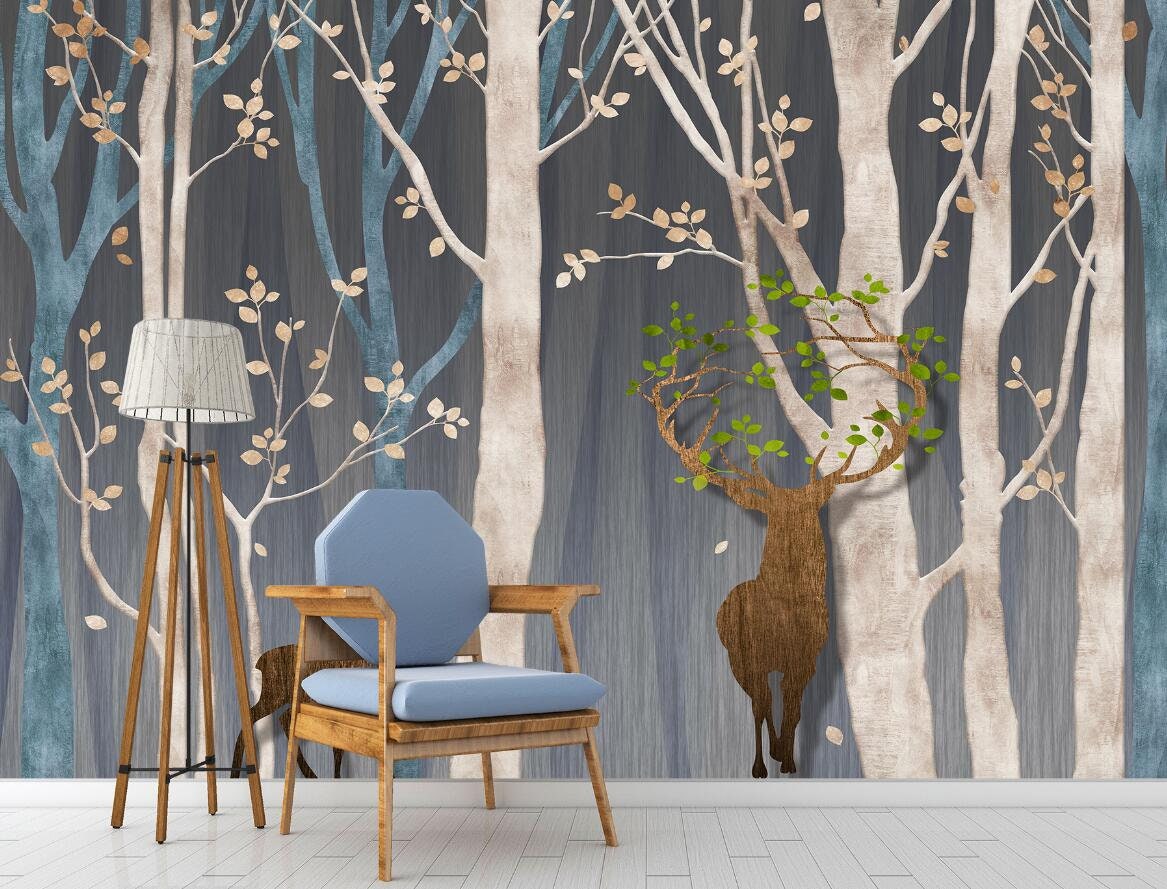 Woodland Forest Scene Wall Mural Deer Trees Wallpaper Wooden - Etsy