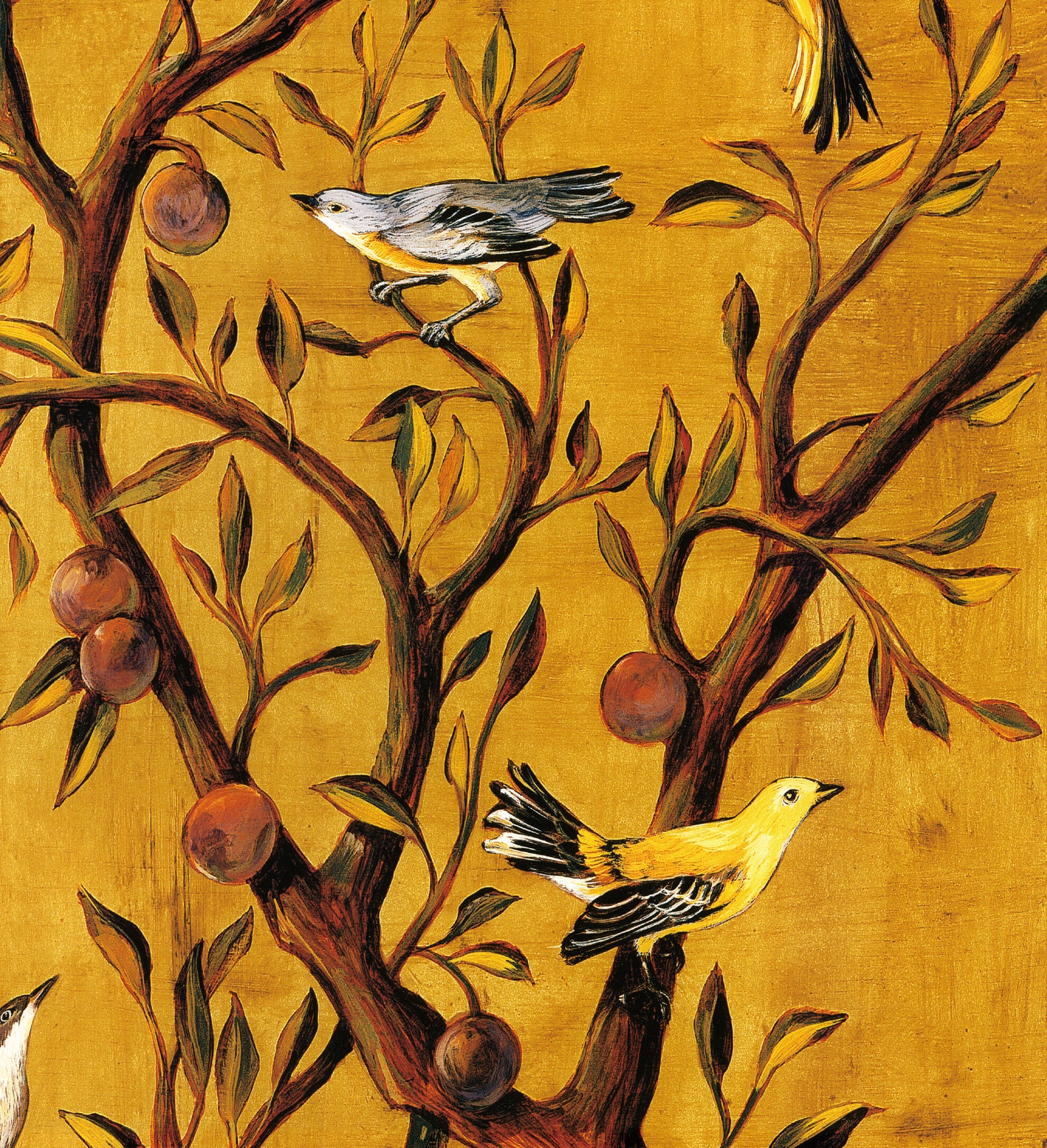 Birds and Tree Branch Wall Mural, Golden Background, Vintage, Wallpaper ...