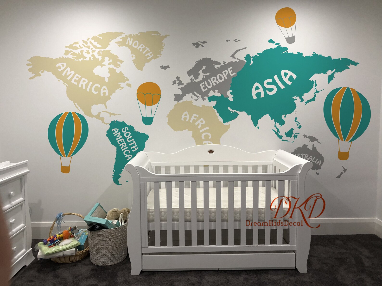 World Map With Hot Air Balloon Nursery World Map Decal for - Etsy