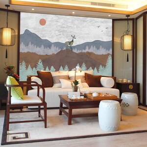 Abstract Grey Mountain Silhouette Mural, Sun, Moose Jungle, Tree Wall ...