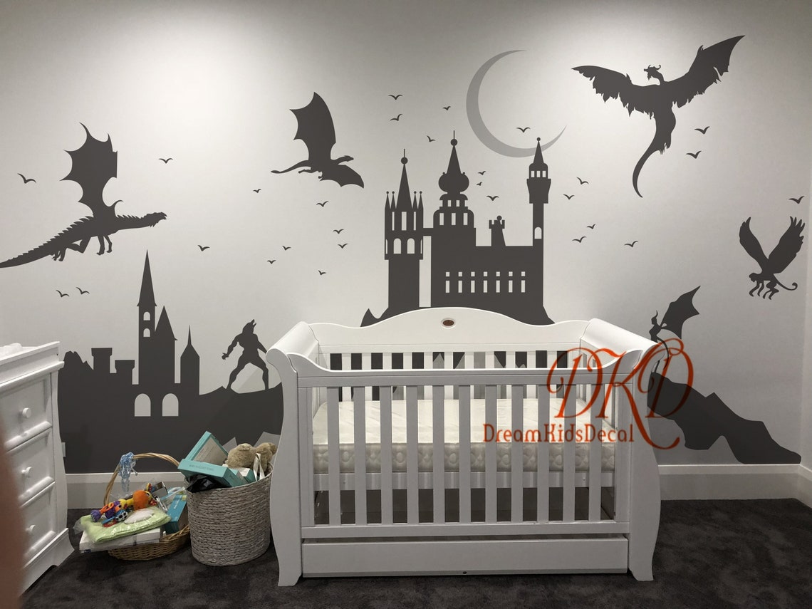Fantasy Wall Castle Decal, Moon, Castle and Flying Dragon Landscape ...