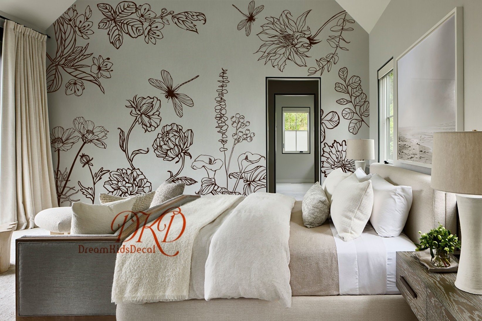 Beautiful Flowers With Dragonfly Hand Painted Effect Wall Decal Nursery ...
