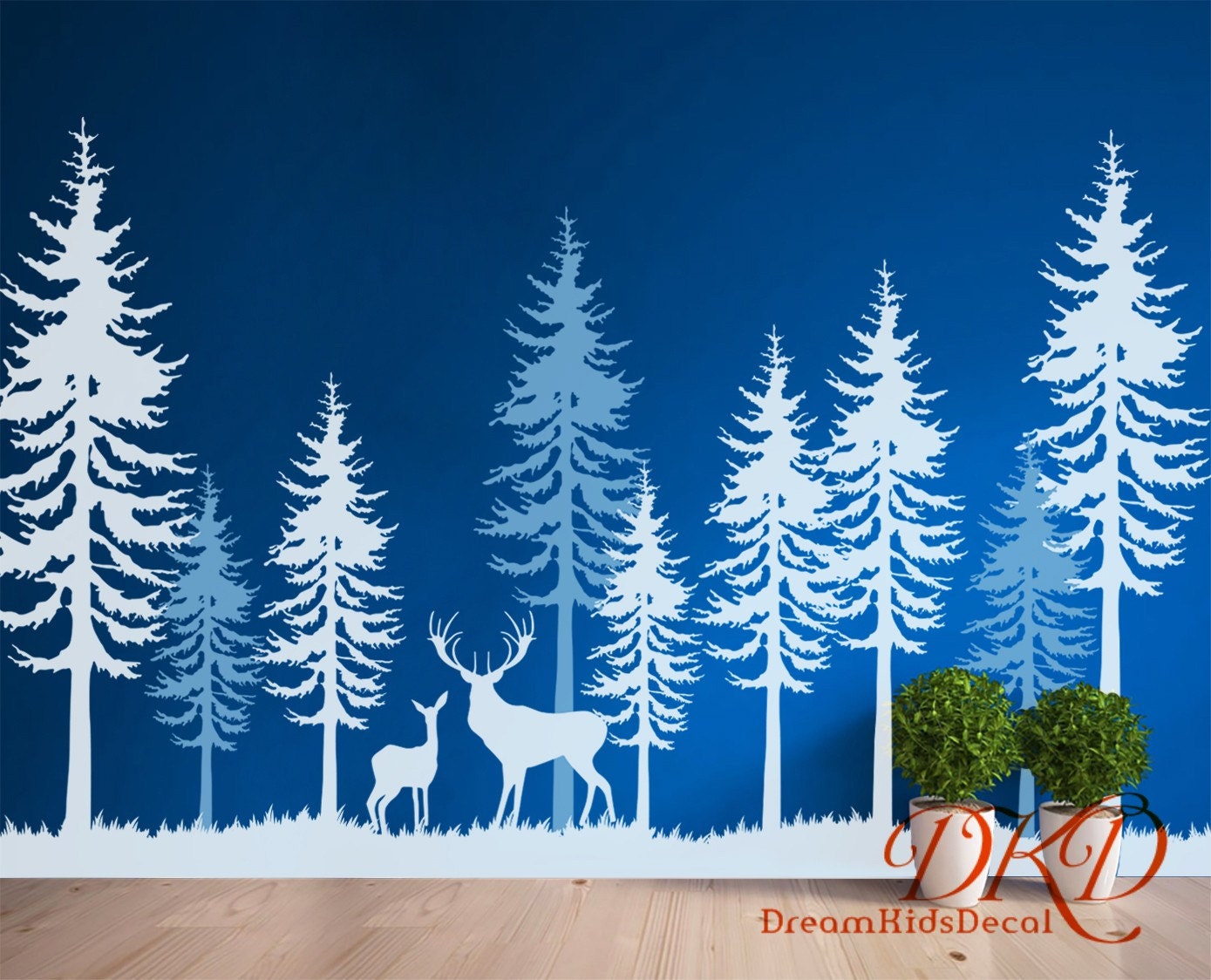 Forest Landscape Vinyl Wall Decal, Deer and Pine Trees, Nursery Wall ...
