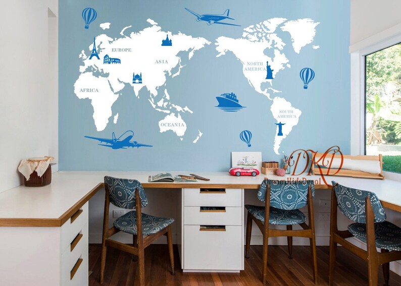 World Map With Hot Air Balloon Nursery World Map Decal for - Etsy