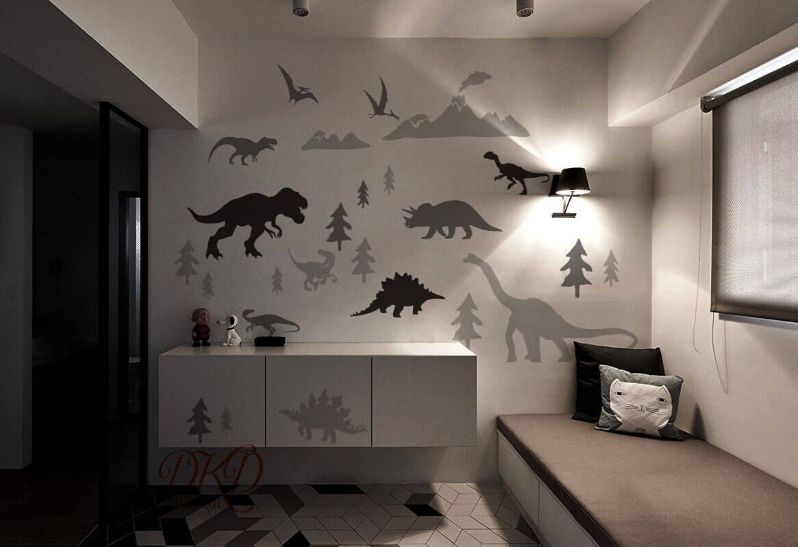 Peel and Stick Wall Decal Set Dinosaur with Pine Tree | Etsy