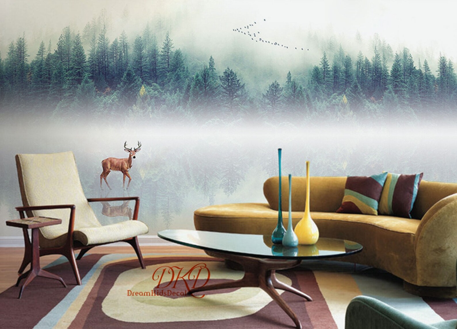 Foggy Forest Scene Mural, Wall Decal, Bucks in Green Forest Wallpaper ...