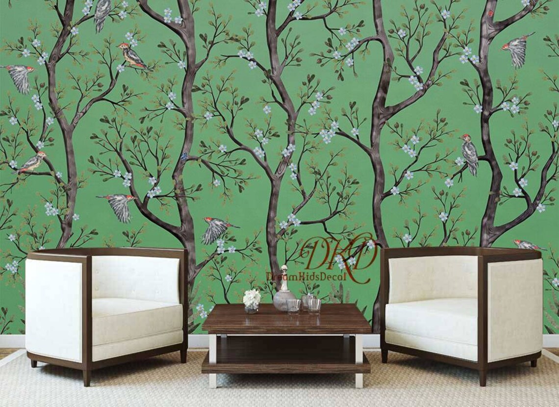 Chinoiserie mural wallpaper Vintage color Tree with birds | Etsy